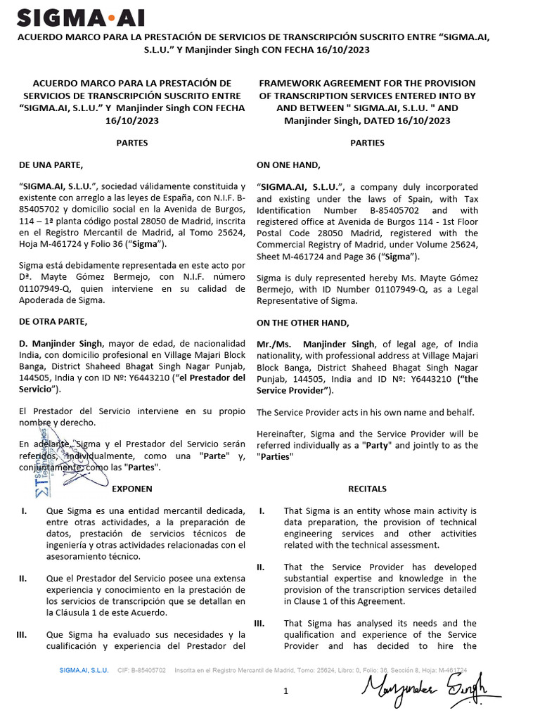 Acuerdo de Servicios de Transcripción | PDF
