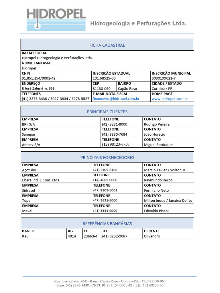 Ficha Cadastral Hidropel | PDF