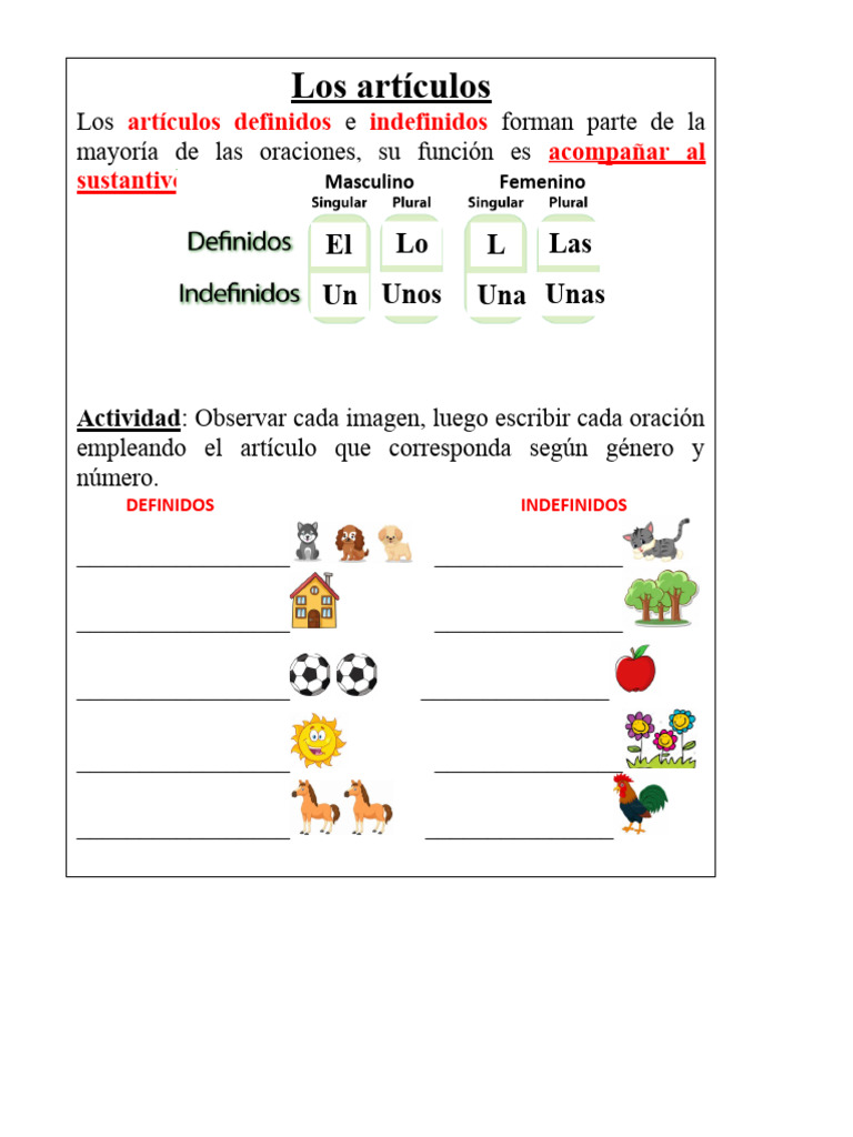 Guía de artículos definidos e indefinidos | PDF | Artes del Lenguaje y ...
