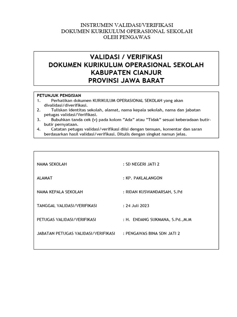 Lembar Validasi Kurikulum SD Negeri Jati 2 | PDF