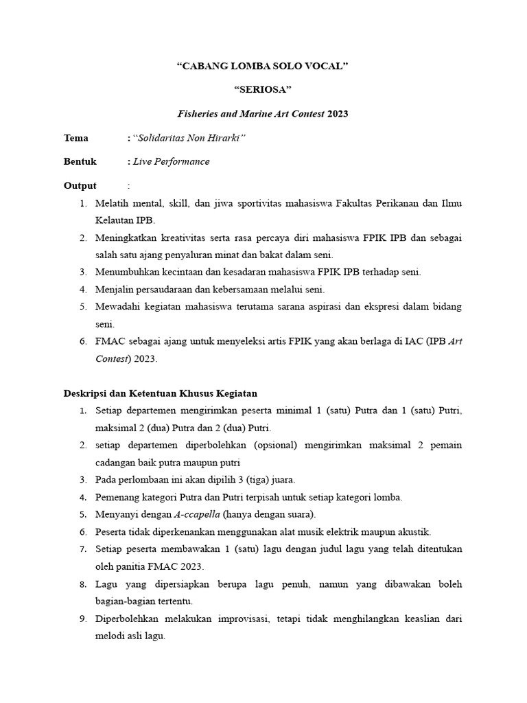 Ketentuan Khusus Solo Vocal Seriosa 2023 | PDF