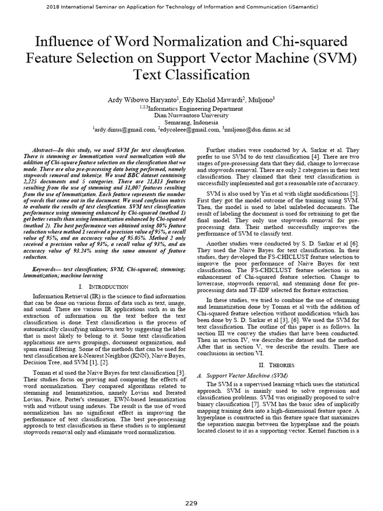 Influence of Word Normalization and Chi-squared_Scopus | PDF | Support Vector Machine | Algorithms