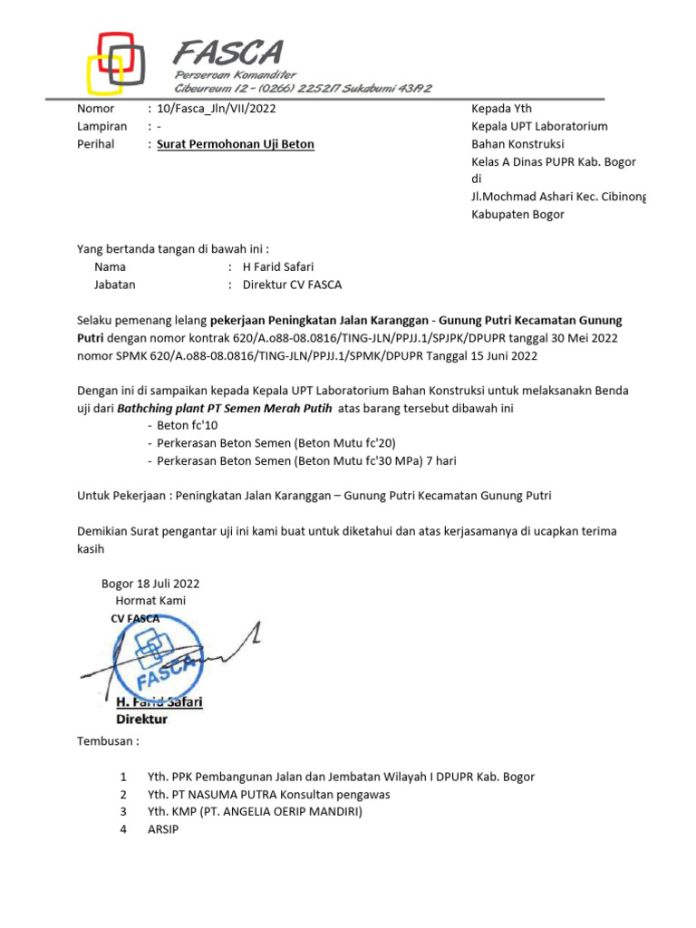 01 Surat Permohonan Uji Beton Semen Merah Putih | PDF