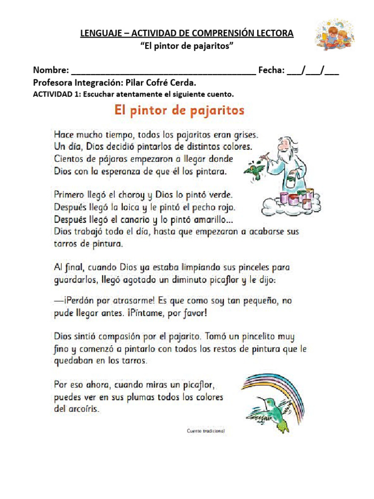 Guía Comprensión Lectora El Pintor de Pajaritos | PDF