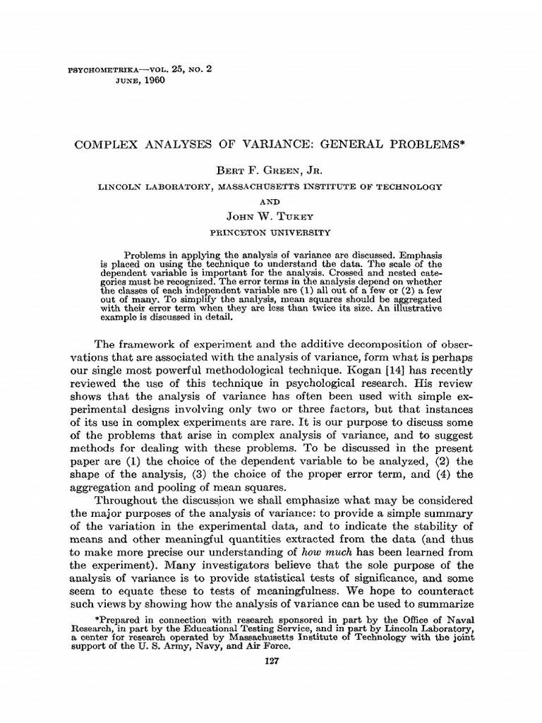 Green and Tukey 1960 Complex Analyses of Variance General Problems | PDF