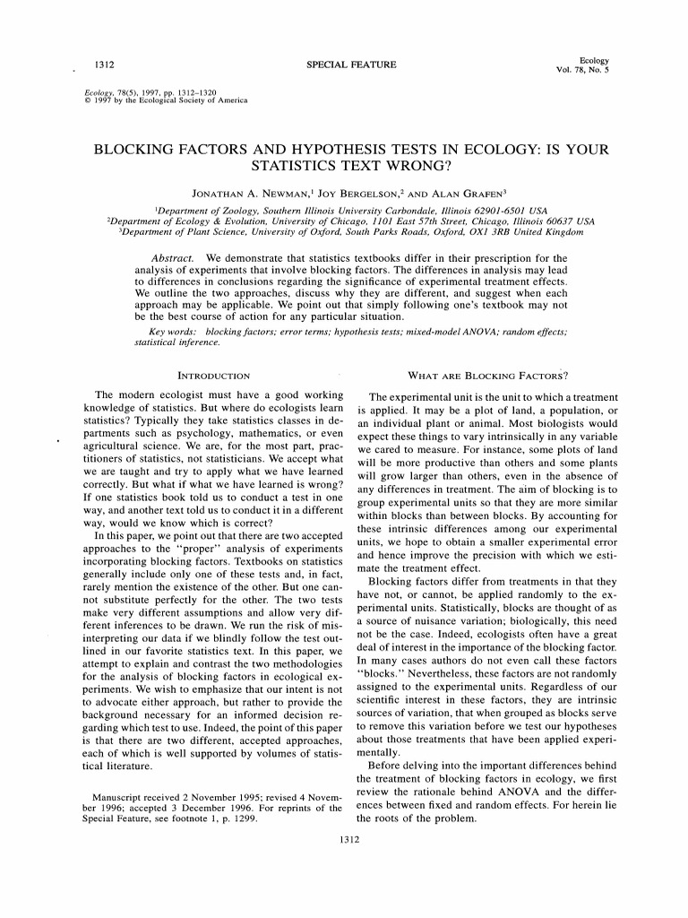 Newman Et Al 1997 Blocking Factors and Hypothesis Tests in Ecology Is ... Newman Et Al 1997 Blocking Factors and Hypothesis Tests in Ecology Is ...