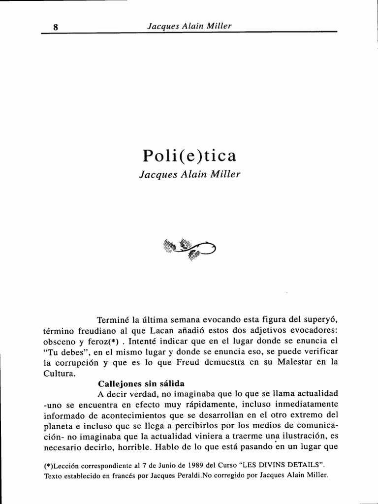 Miller, Jacques-Alain.-. Poli (É) Tica. | PDF | Carné de identidad | Jacques Lacan