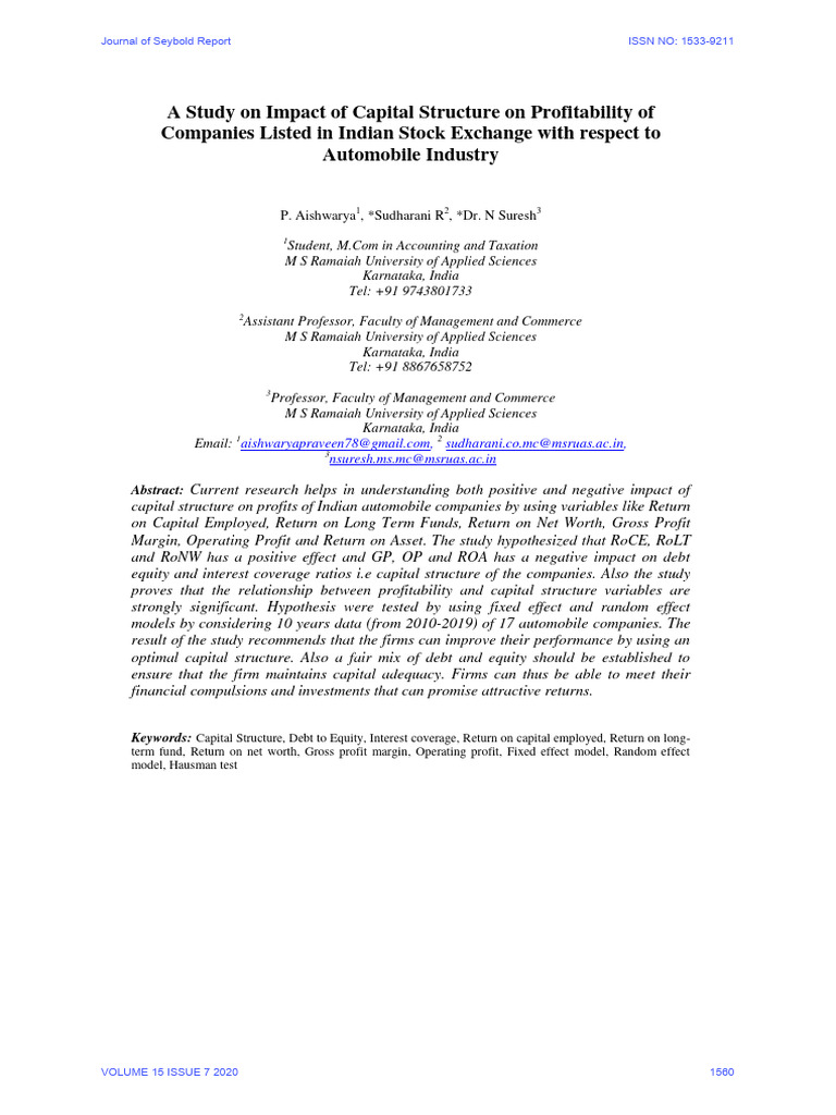 A Study On Impact of Capital Structure On Profitab | PDF | Capital Structure | Coefficient Of ...
