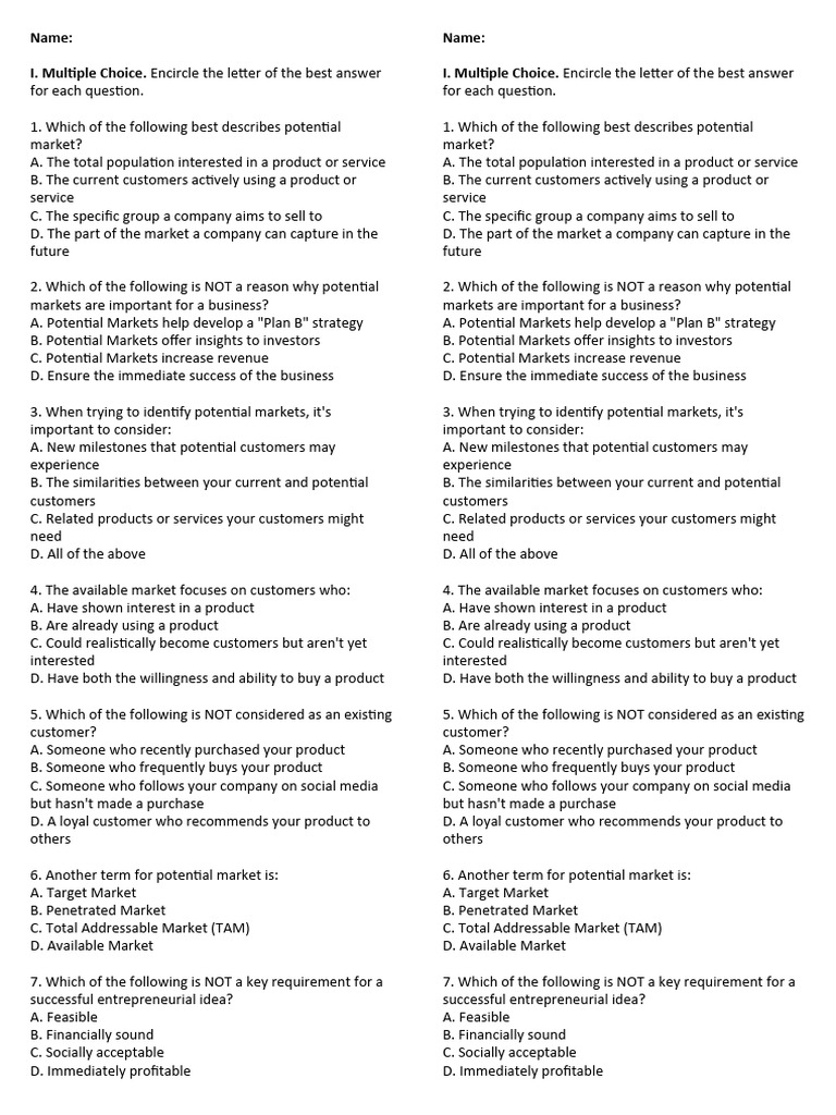 Entrep Quiz 3 - Potential Market | PDF | Marketing | Customer