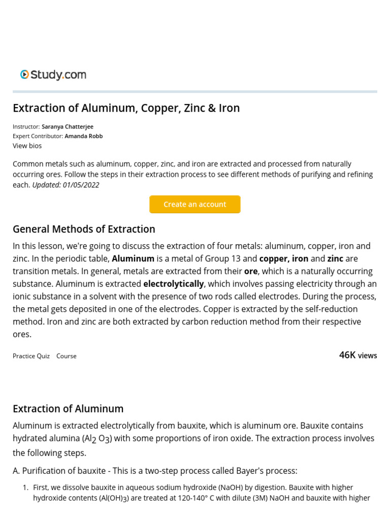 Extraction of Aluminum, Copper, Zinc & Iron - Video & Lesson Transcript ...