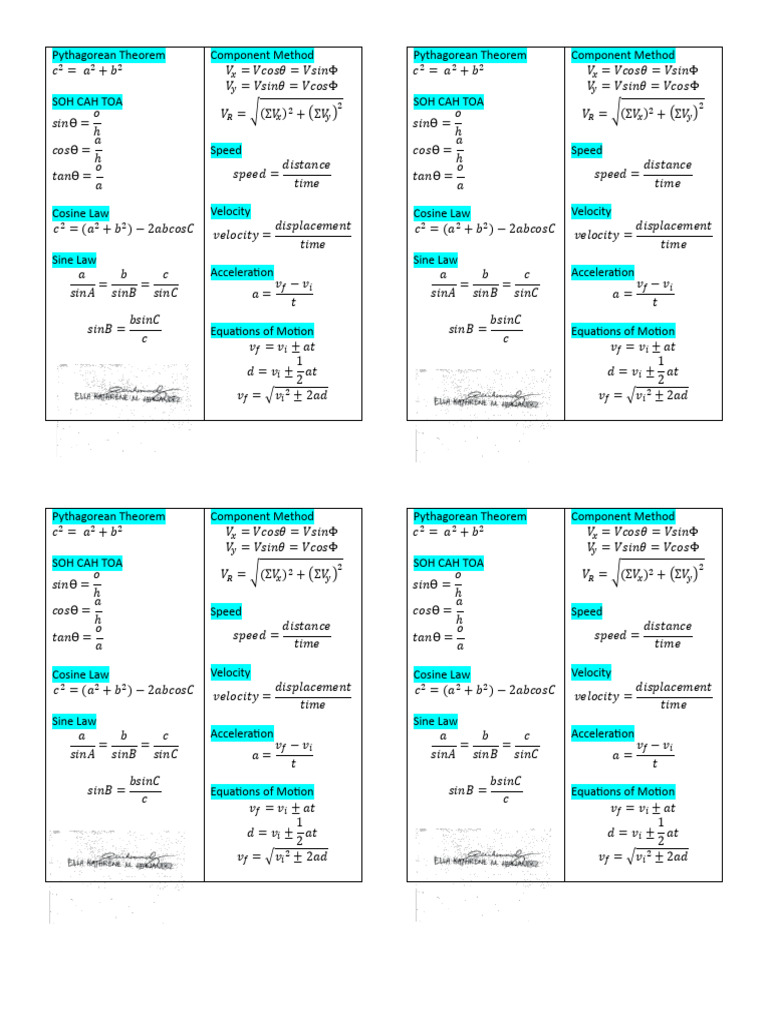 Formula Card | PDF | Trigonometric Functions | Acceleration