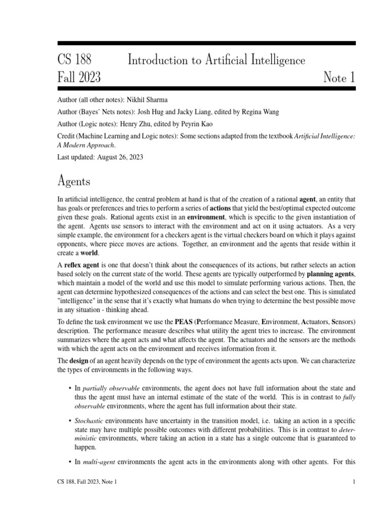 cs188 Fa23 Note01 | PDF | Artificial Intelligence | Intelligence (AI) & Semantics