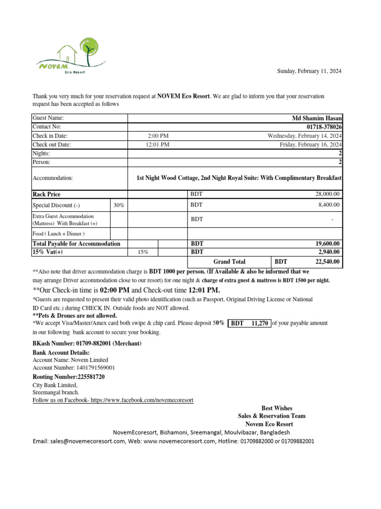 MD Shamim Hasan Room & Advacnced Payment Details | PDF