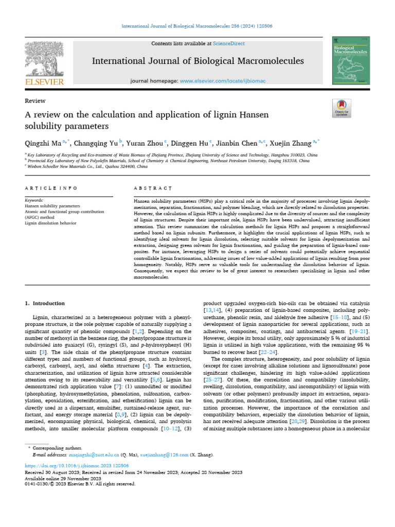 A Review On The Calculation and Application of Lignin Hansen Solubility ...