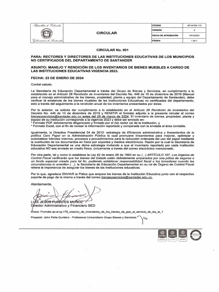 Circular 001 de 2024 Manejo y rendición inventarios a cargo de los EE | PDF