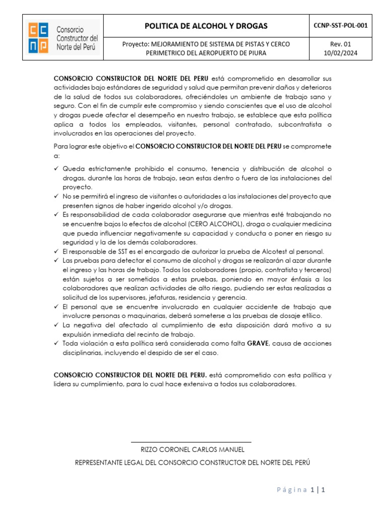 Ccnp-Sst-Pol-002 Politica de Alcohol y Drogas | PDF