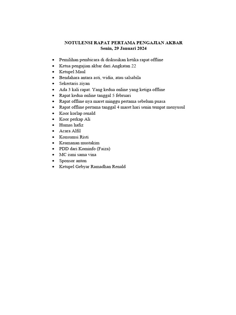 Notulensi Rapat Pertama Pengajian Akbar | PDF
