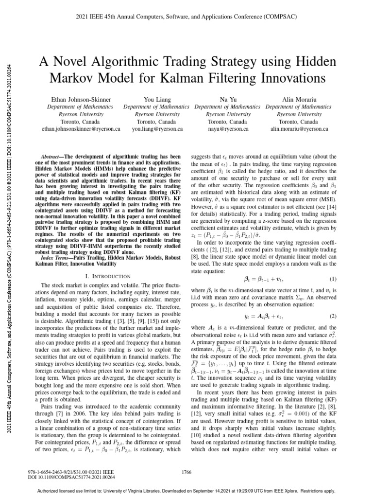 A Novel Algorithmic Trading Strategy Using Hidden Markov Model For Kalman Filtering Innovations ...