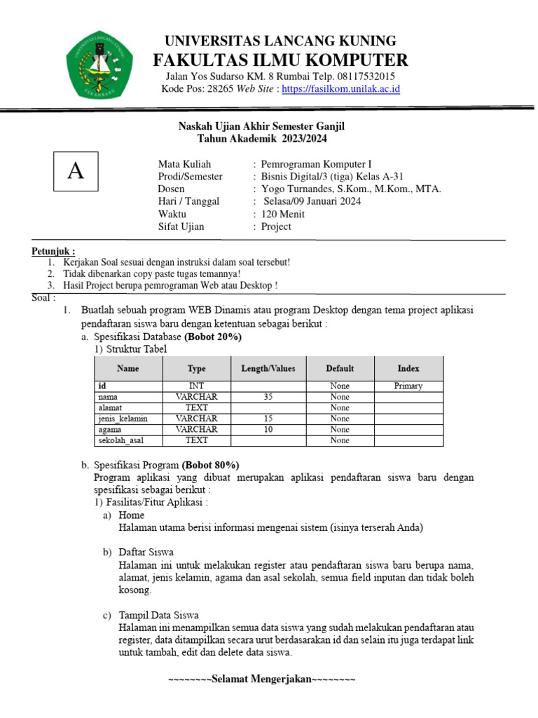 Soal Uas Pemrograman Komputer I Kelas A - Bisdi 31 | PDF