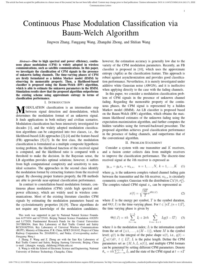 Continuous Phase Modulation Classification Via Baumwelch Algorit 2018 | PDF | Modulation ...