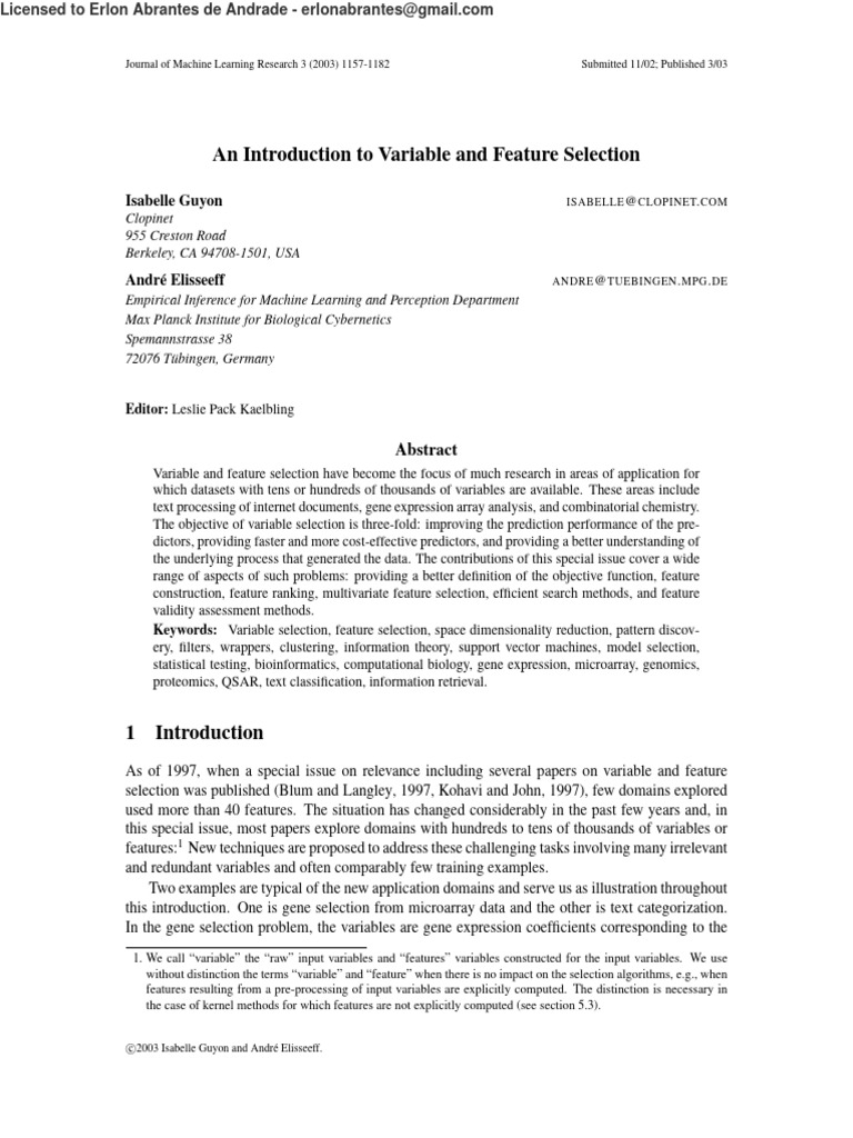An Introduction To Variable and Feature Selection | PDF