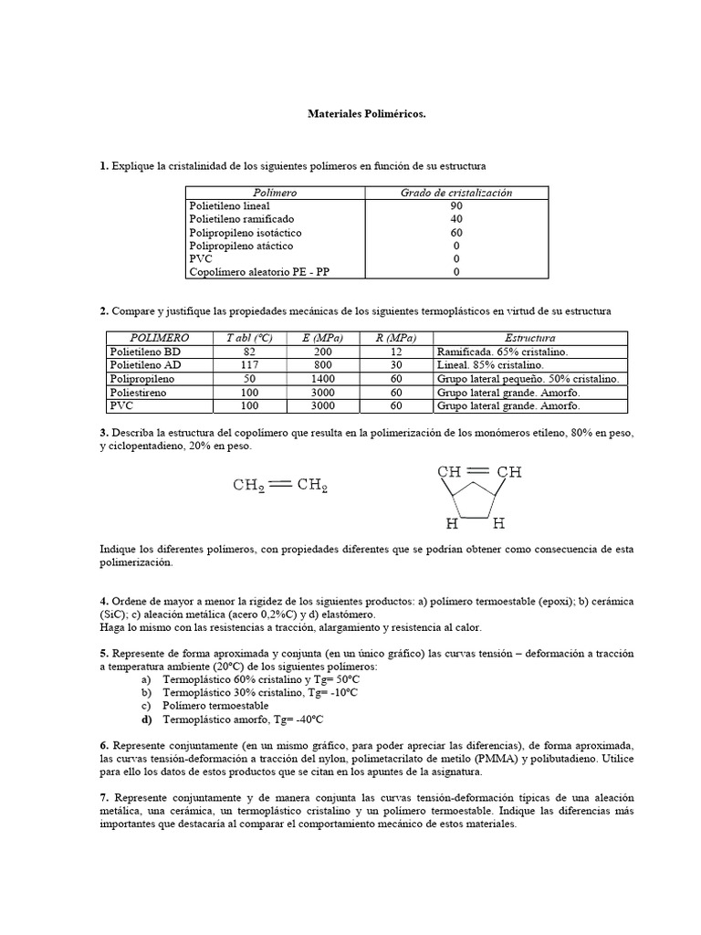 Ejercicios Polimeros Pdf Polímeros Polietileno