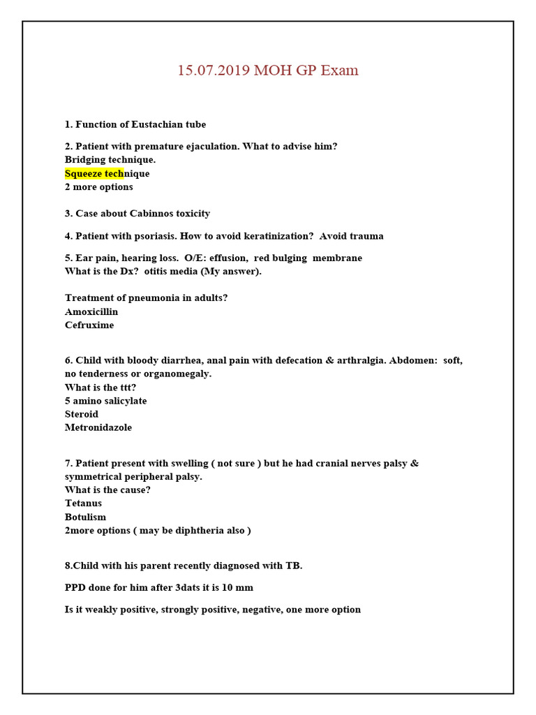 2019 MOH Exam | PDF | Diarrhea | Medicine