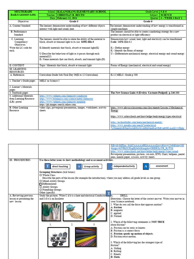 Multigrade Science Lesson Plan: Energy | PDF