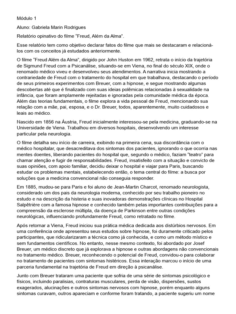 Atividade Módulo 1 - Relato Do Filme Freud, Além Da Alma | PDF | Autoajuda | Ciências e Matemática