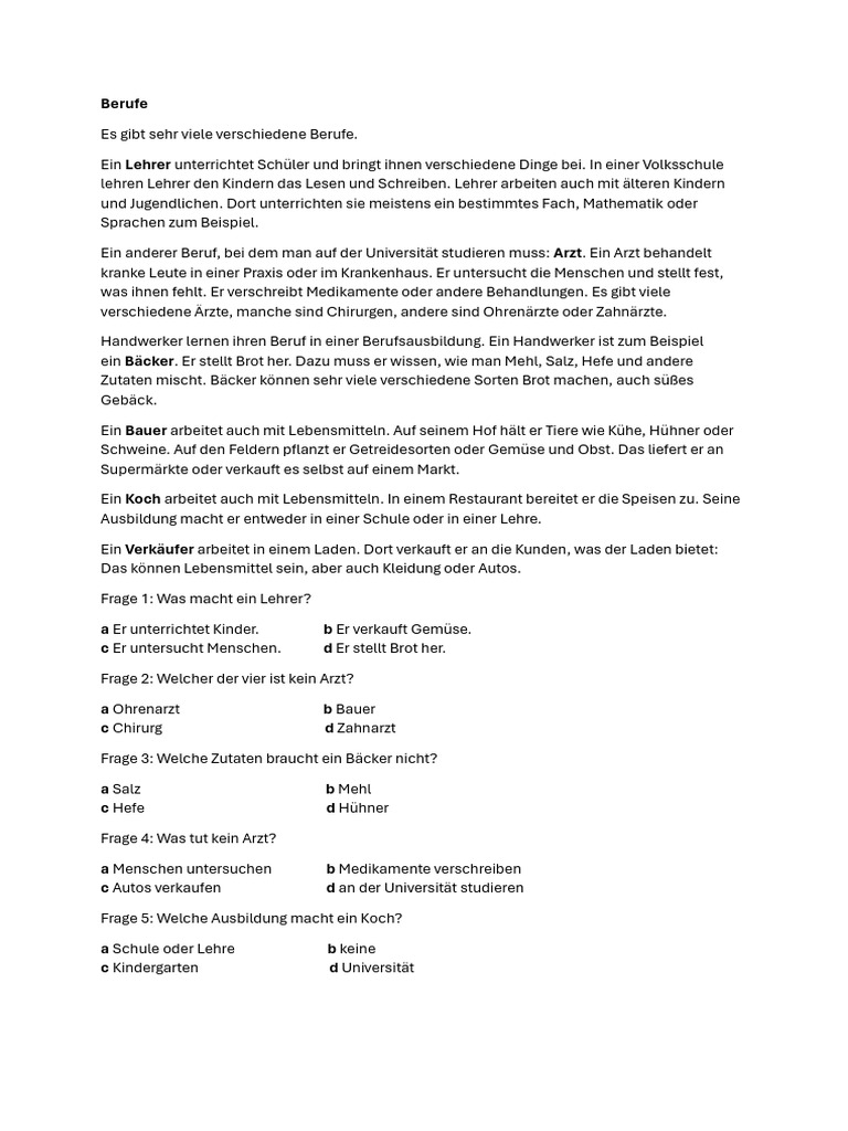 Berufe Lesetext A1 | PDF