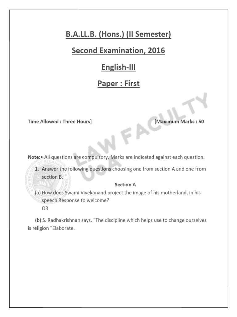 B.A.LL.B. 2nd Sem English Question Paper | PDF | Career & Growth ...