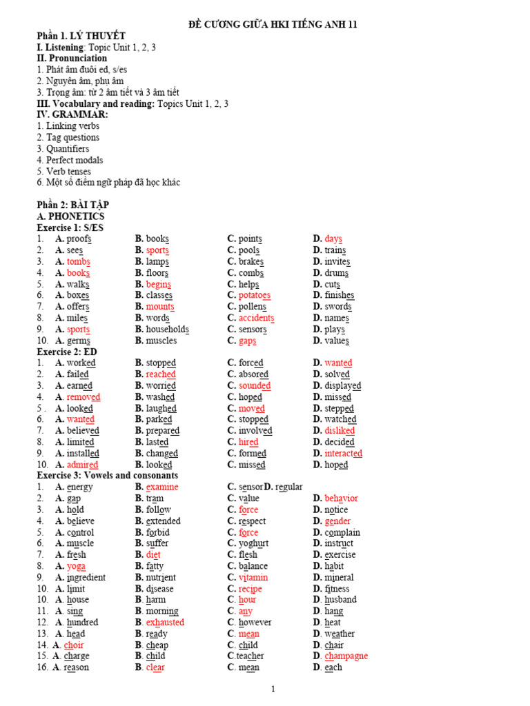 ĐỀ CƯƠNG GIỮA HKI ANH 11 KEYS | PDF