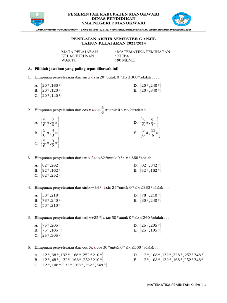 MTK Minat Soal Pas Ganjil 2023-2024 | PDF