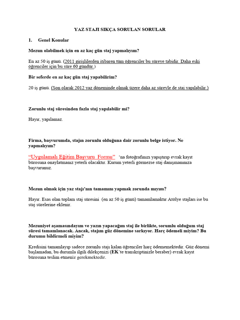 Sikca Sorulan Sorular Yaz Staji | PDF