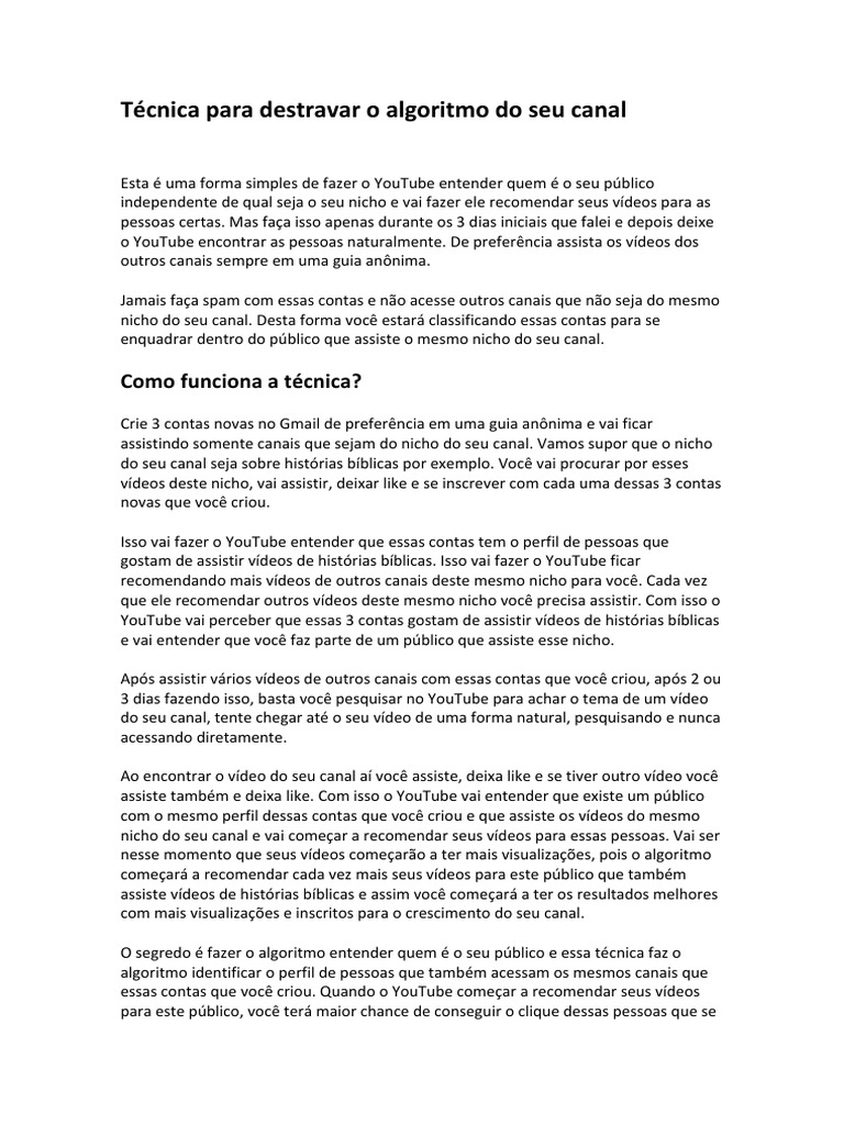 Técnica para Destravar o Algoritmo Do Seu Canal | PDF | YouTube ...