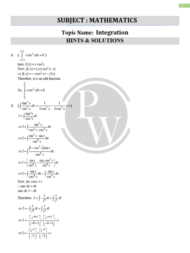 INDEFINITE AND DEFINITE INTEGRATION - Solution PDF - (Lakshya JEE 2023) | PDF