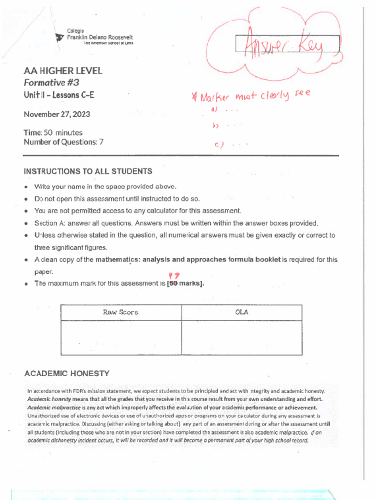 AA HL - Formative #3 - Answer Key | PDF