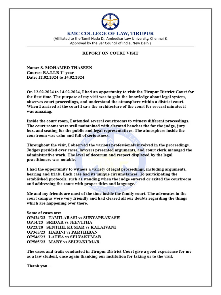 Mohamed Thaseen Report On Court Visit | PDF
