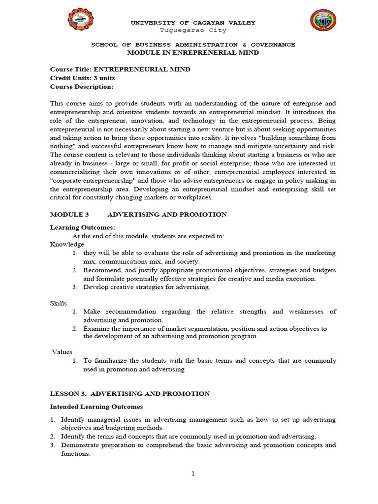 Final Module 3 The Entrep. Mind | PDF | Entrepreneurship | Advertising