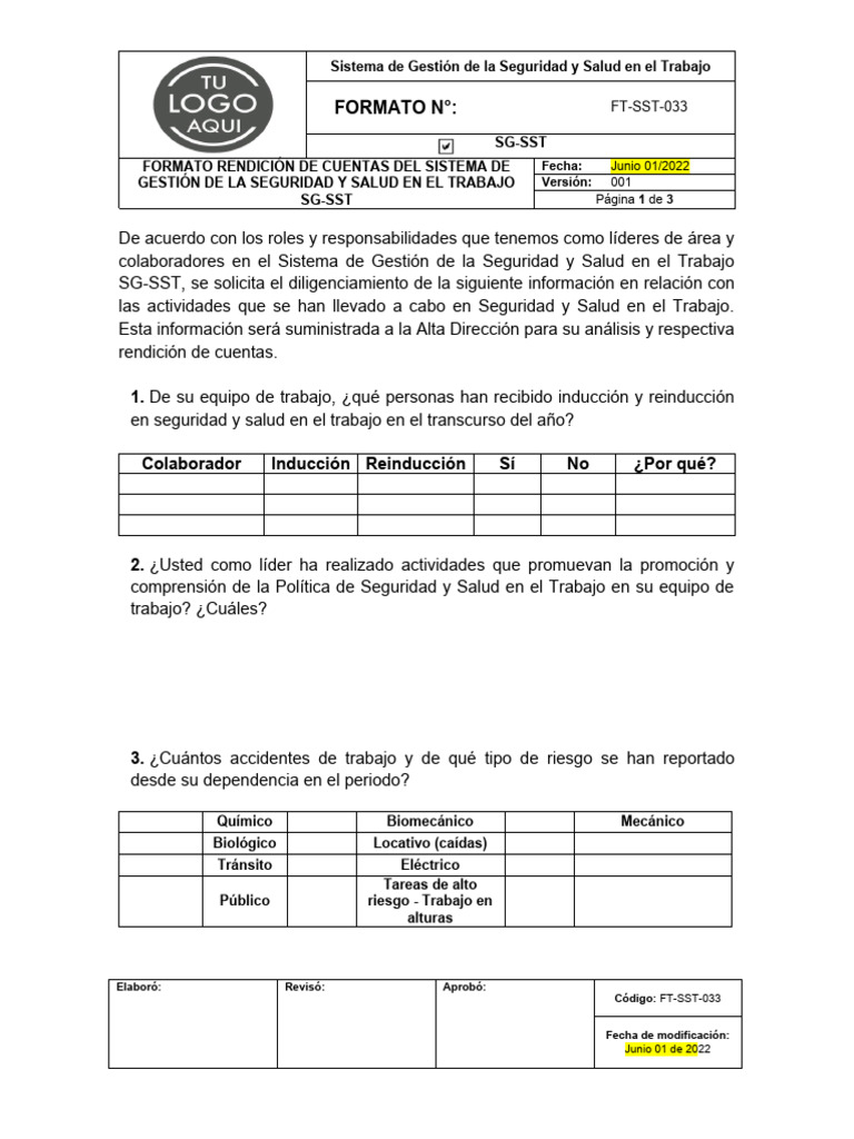 FT-SST-033 Formato Rendición de Cuentas Del SG-SST | PDF