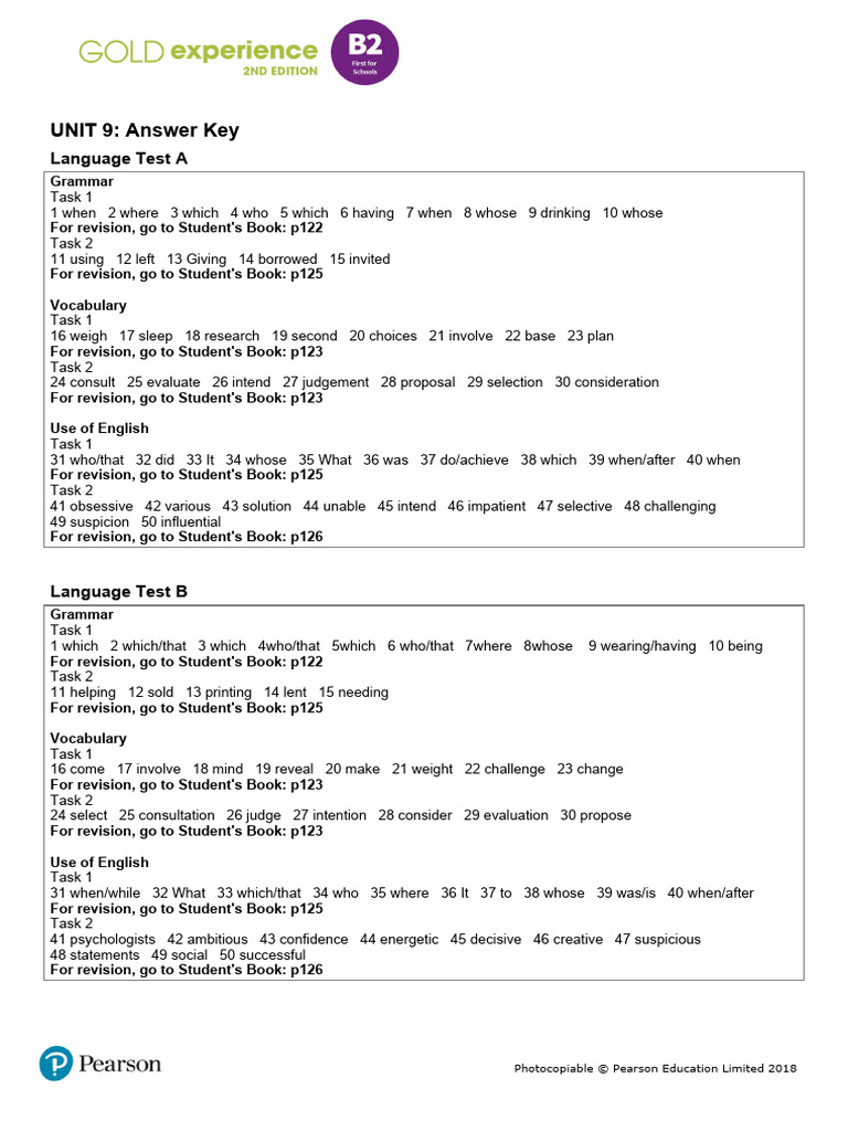 Gold Exp B2 U9 Lang Test AK | PDF
