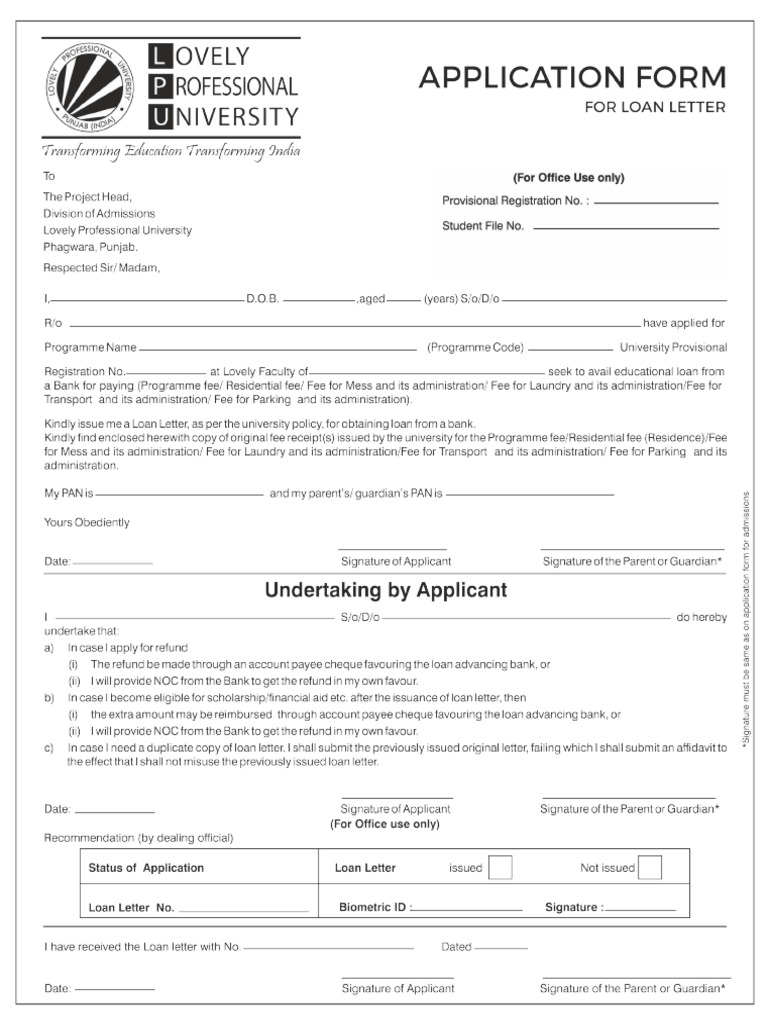 Application form for loan letter - 2023 | PDF