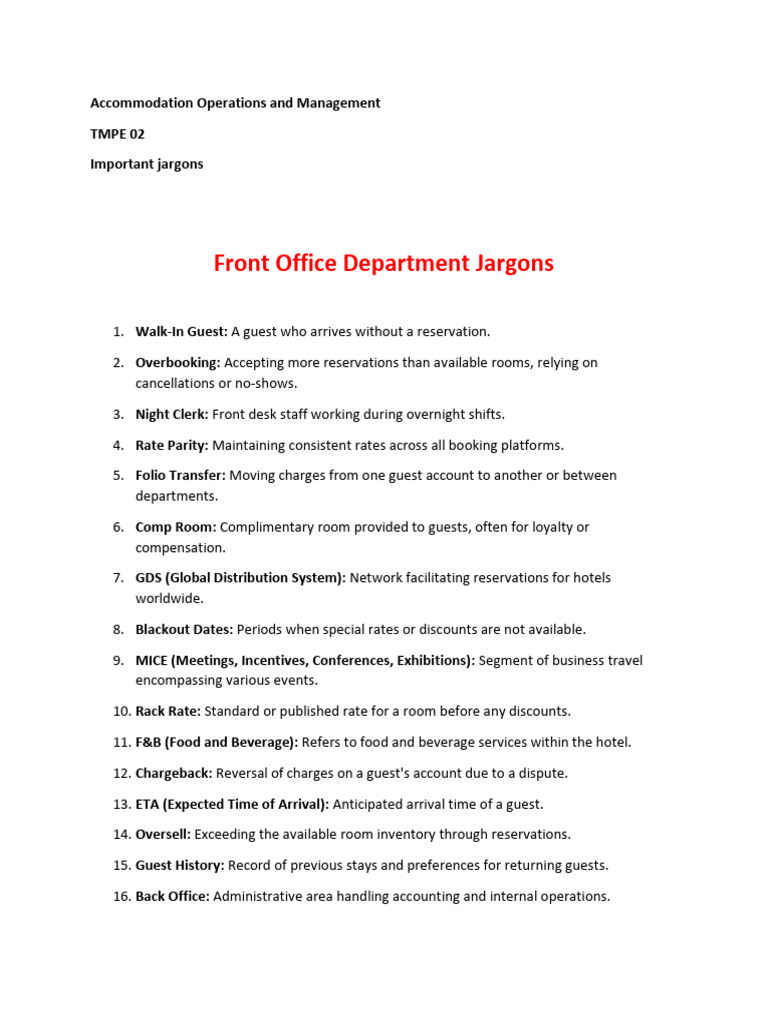 Hotel Operations Jargon Explained | PDF | Restaurants | Menu