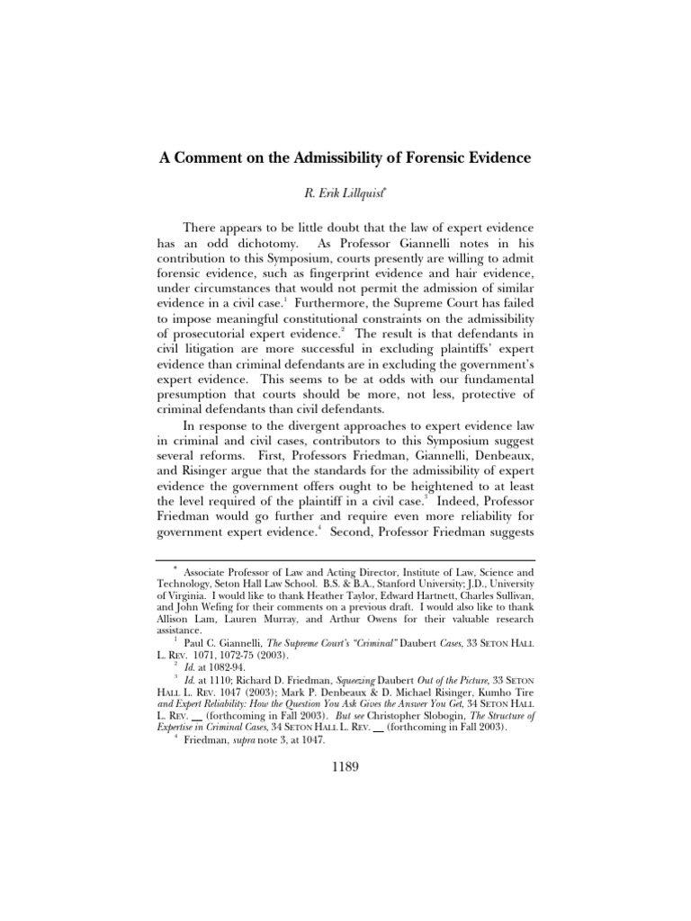 A Comment On The Admissibility of Forensic Evidence | PDF | Discovery ...