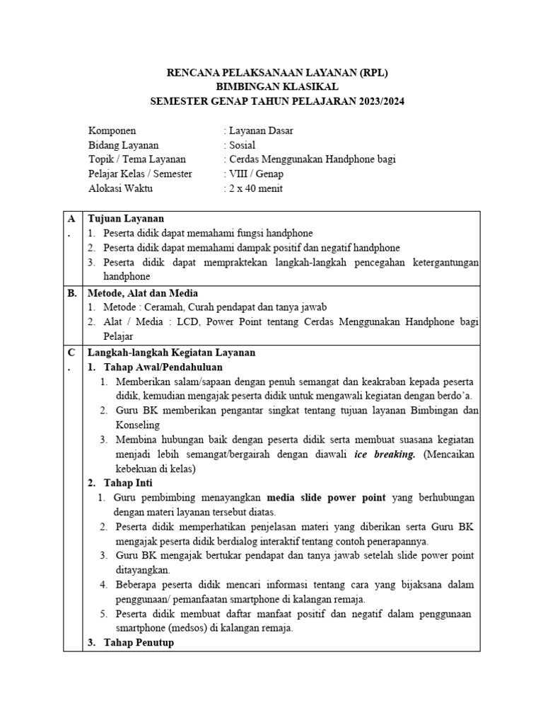 Rencana Pelaksanaan Layanan BK | PDF