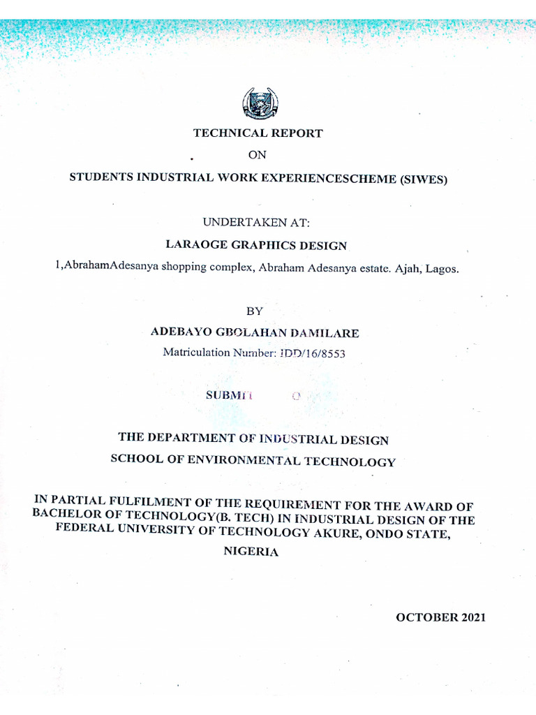 SIWES Report Preliminary Pages Format | PDF
