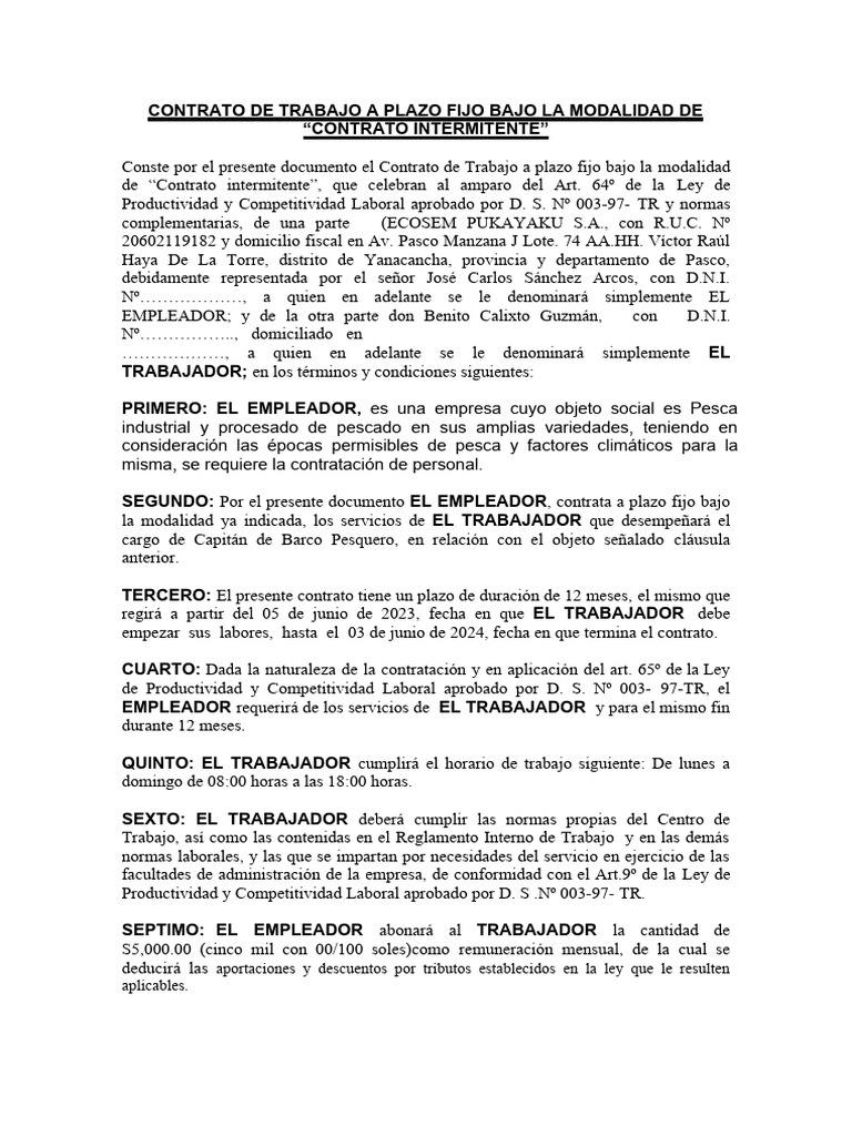 Contrato de Trabajo Intermitente | Descargar gratis PDF | Derecho laboral | Economias