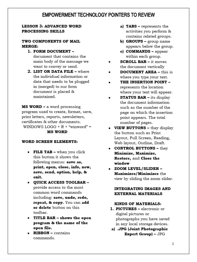 EMP TECH POINTERS TO REVIEW With MS WORD EXCEL | PDF | Technology & Engineering