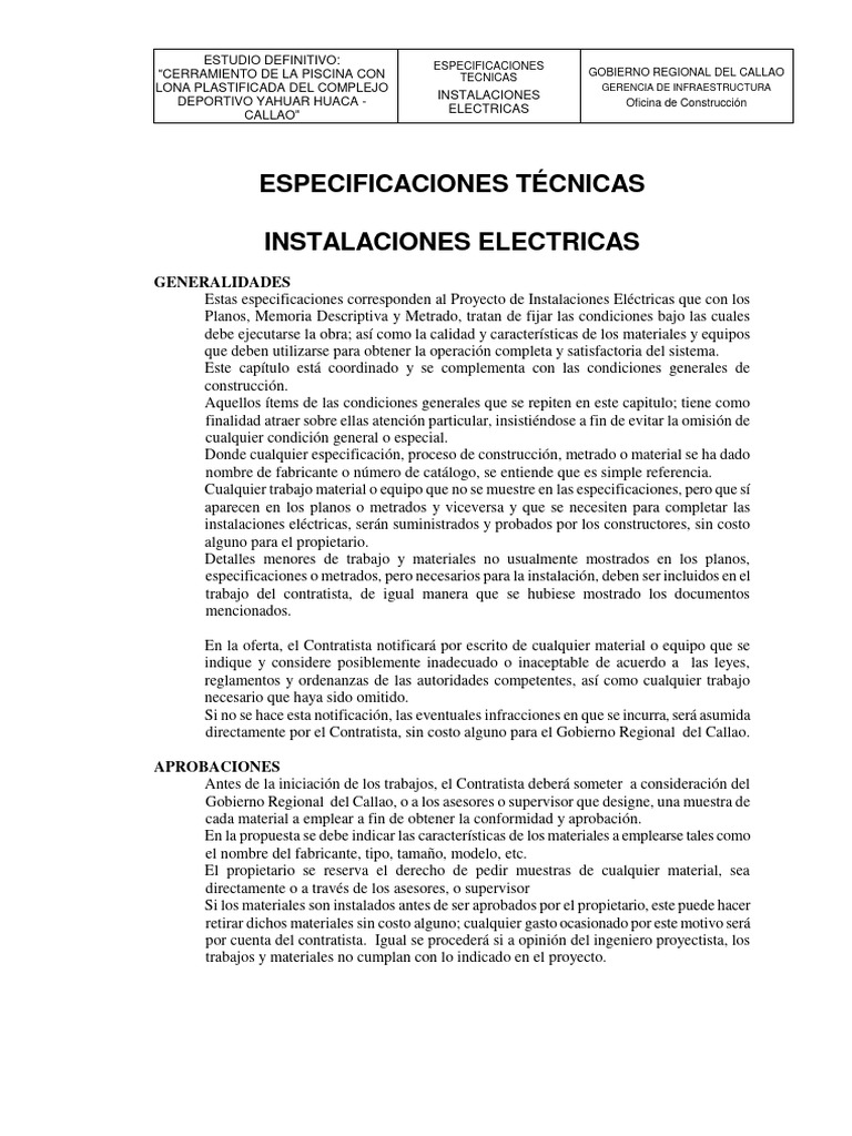 ESPECIFICACIONES TÉCNICAS INSTALACIONES ELECTRICAS | PDF | Conductor electrico | Cobre