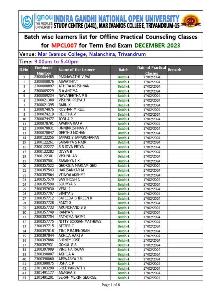 MPCL007-Batch Wised Student List For Practical Clasees DECEMBER 2023-Revised-1 | PDF